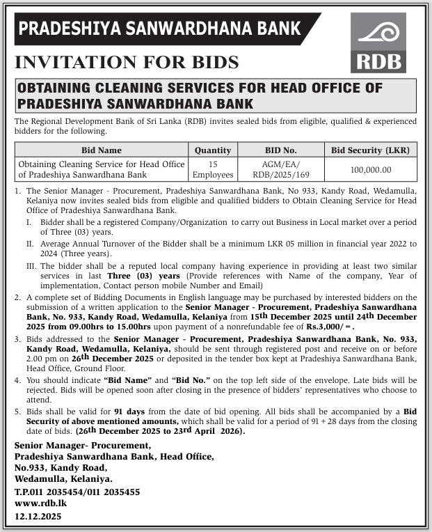 Obtaining Cleaning Services for Head Office of Pradeshiya Sanwardhana Bank - Regional ...